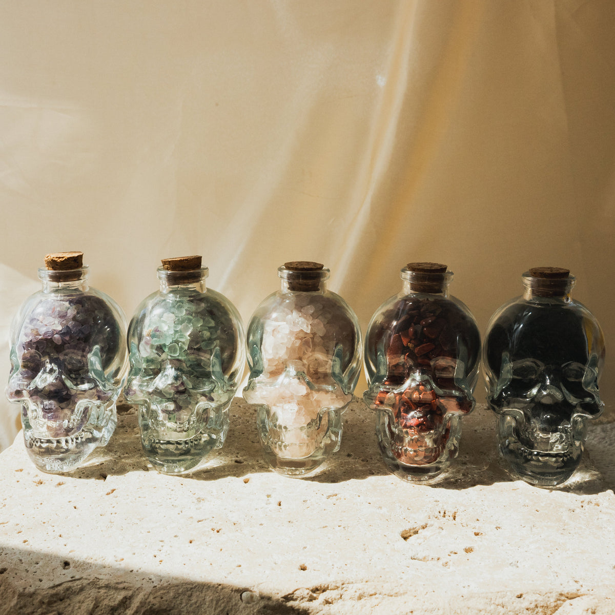 Glass Skull Head Shaped Bottle with Tumbled Polished Crystal Chips ...